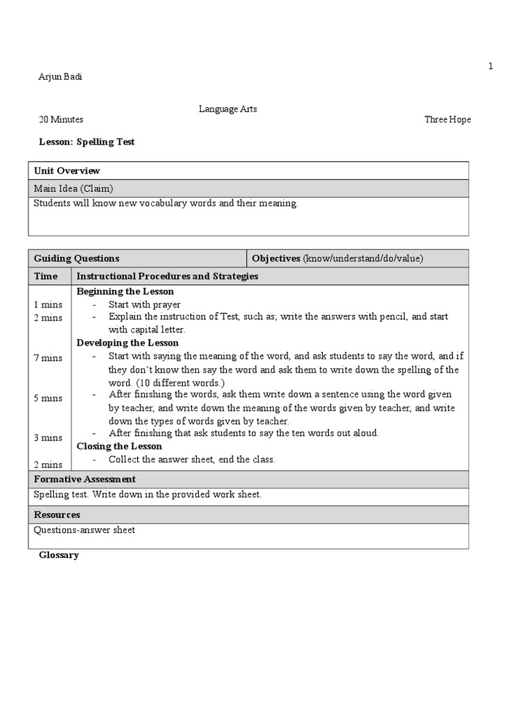 Spelling Test Lesson Plan Overview | PDF | Career & Growth | Language ...