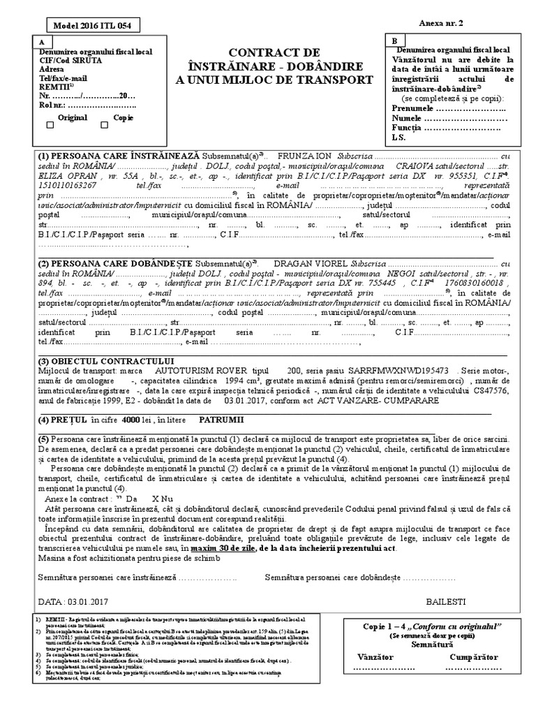Modelul Contractului de Instrainare Dobandire A Unei Masini | PDF