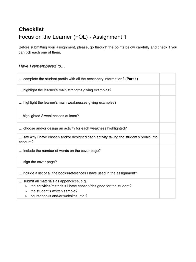 Focus On The Learner (FOL) - Assignment 1: Checklist | PDF