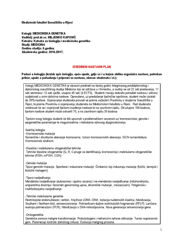 INP 2016-2017 Medicinska Genetika | PDF