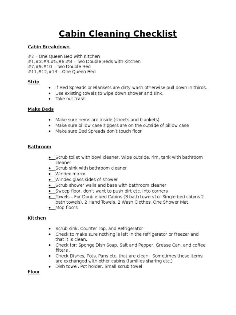 Cabin Cleaning Checklist Guide | PDF