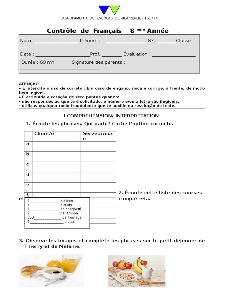 Contrôle de Français 8e Année | PDF | Cuisine | Comportement ...