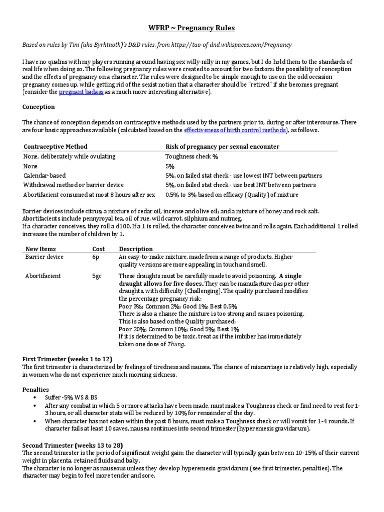 Pregnancy Rules For WFRP 2e | PDF | Miscarriage | Pregnancy