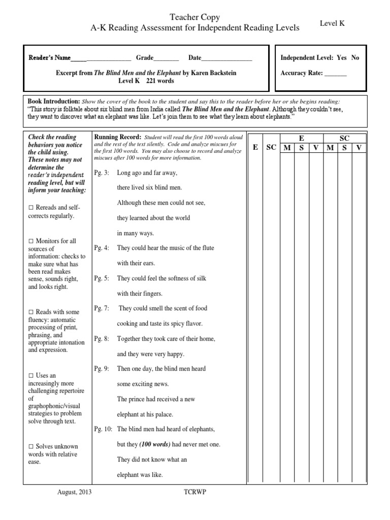 K - The Blind Men and The Elephant - Scholastic (Running Record) | PDF ...