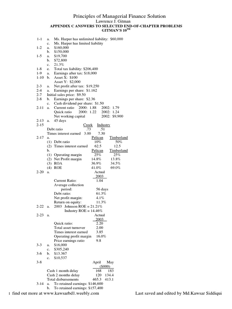 Principles of Managerial Finance Solution: Appendix C Answers To ...