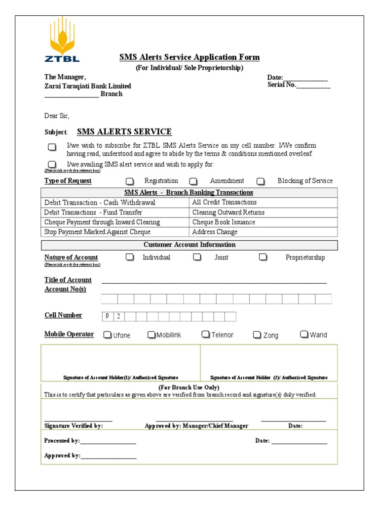 ZTBL SMS Alerts Facility Application Form (1) | Short Message Service ...