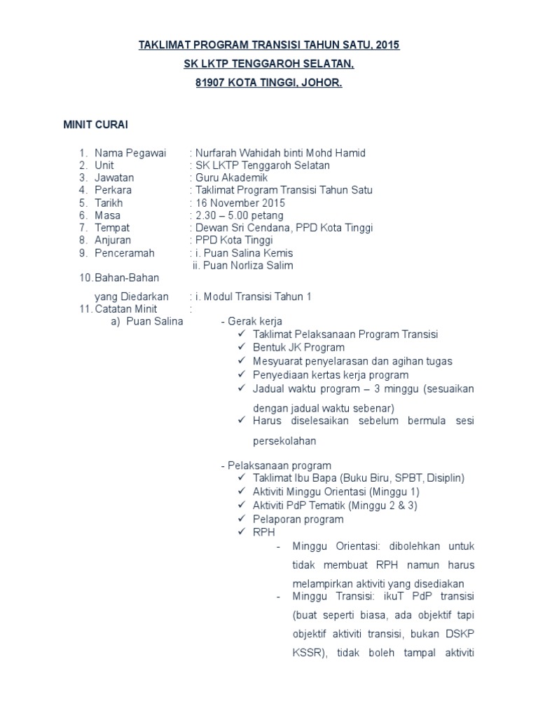 Minit Curai Taklimat Transisi | PDF