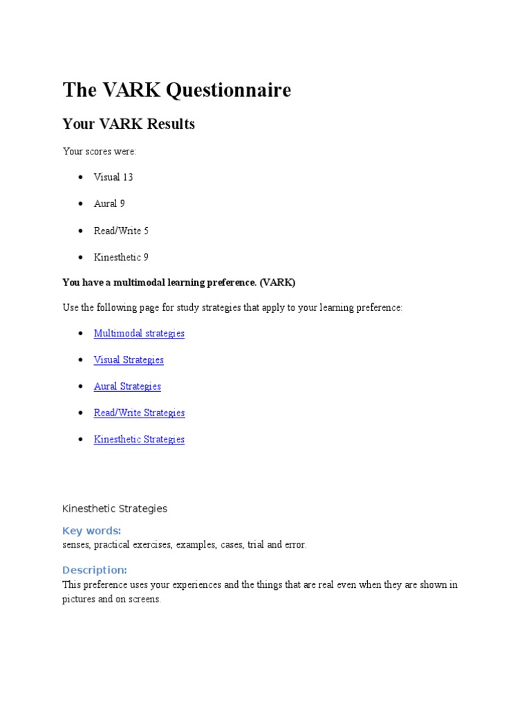 The VARK Questionnaire | PDF | Test (Assessment) | Cognitive Science