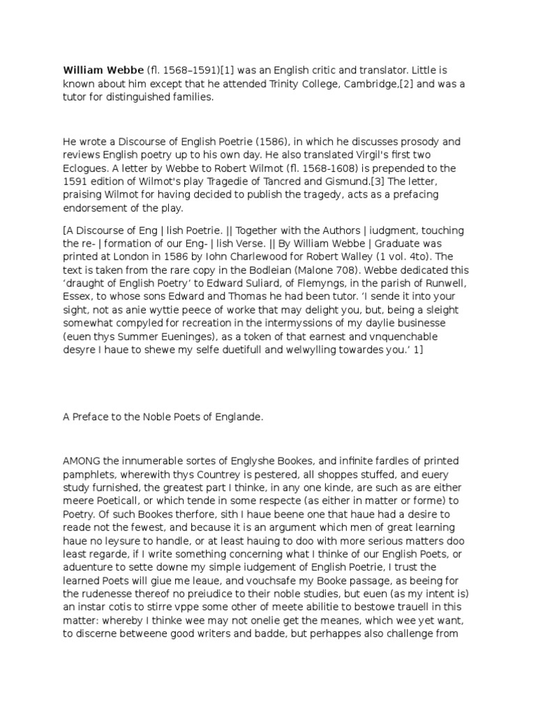 William Webbe (Fl. 1568-1591) (1) Was An English Critic and Translator ...