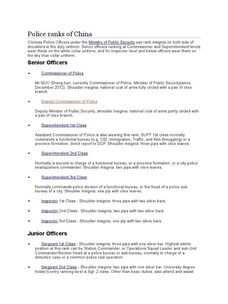 Police Ranks of China: Senior Officers | PDF | Inspector | Emergency ...