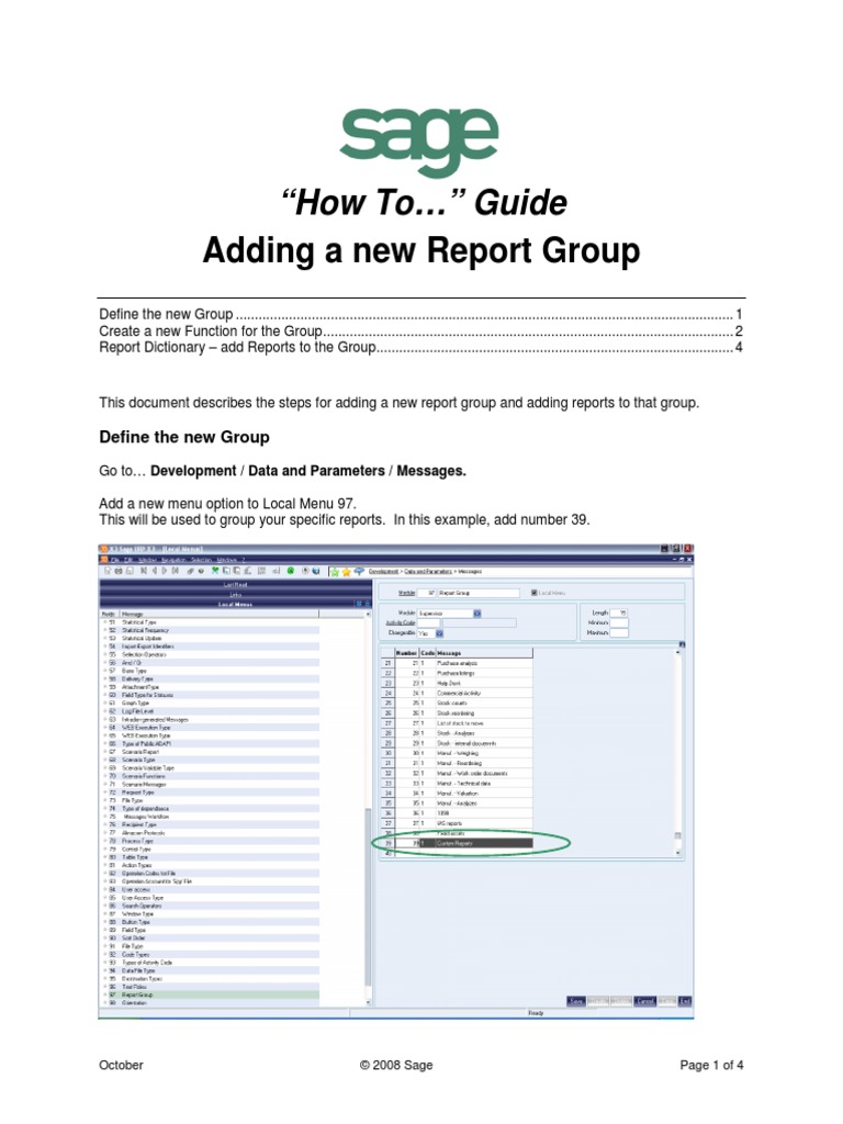 Sage X3 User Guide Htg Adding A New Report Group Pdf Pdf