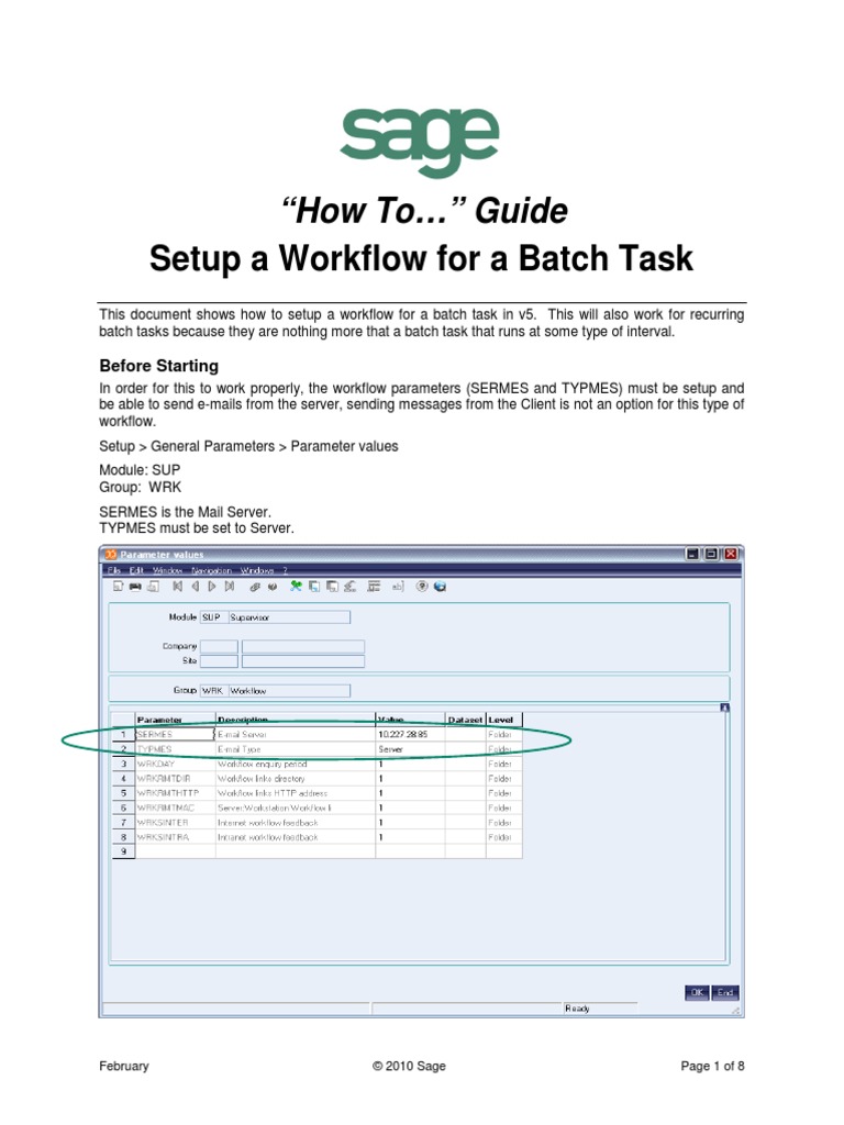 Sage X3 User Guide Htg Setting Up A Workflow For A Batch Task Pdf Pdf Server Computing