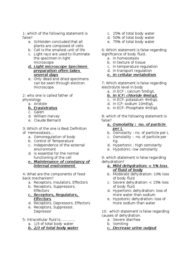 Biology and Physiology True/False Quiz | PDF | Insulin | Epithelium