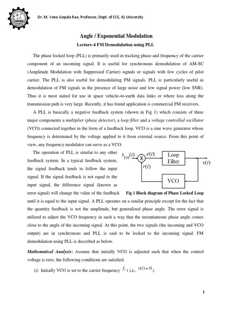 Angle / Exponential Modulation: Lecture-4 FM Demodulation Using PLL ...