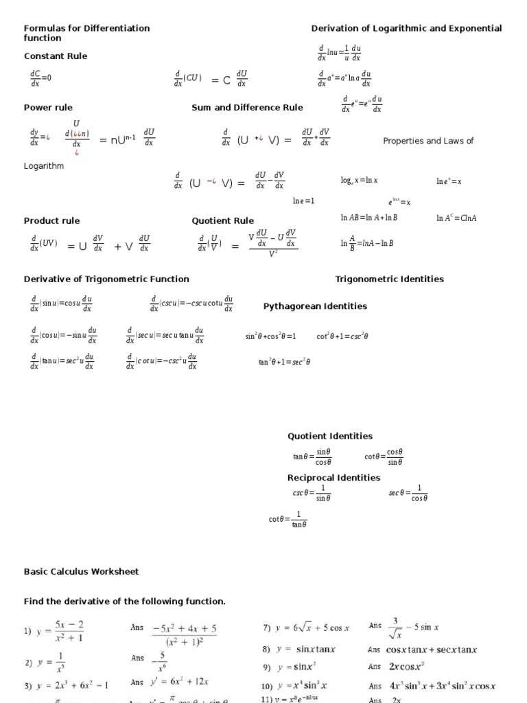 Formulas For Differentiation Derivation of Logarithmic and Exponential ...