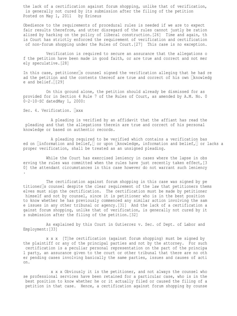 Certification Against Forum Shopping Issues | PDF | Legal Personality ...