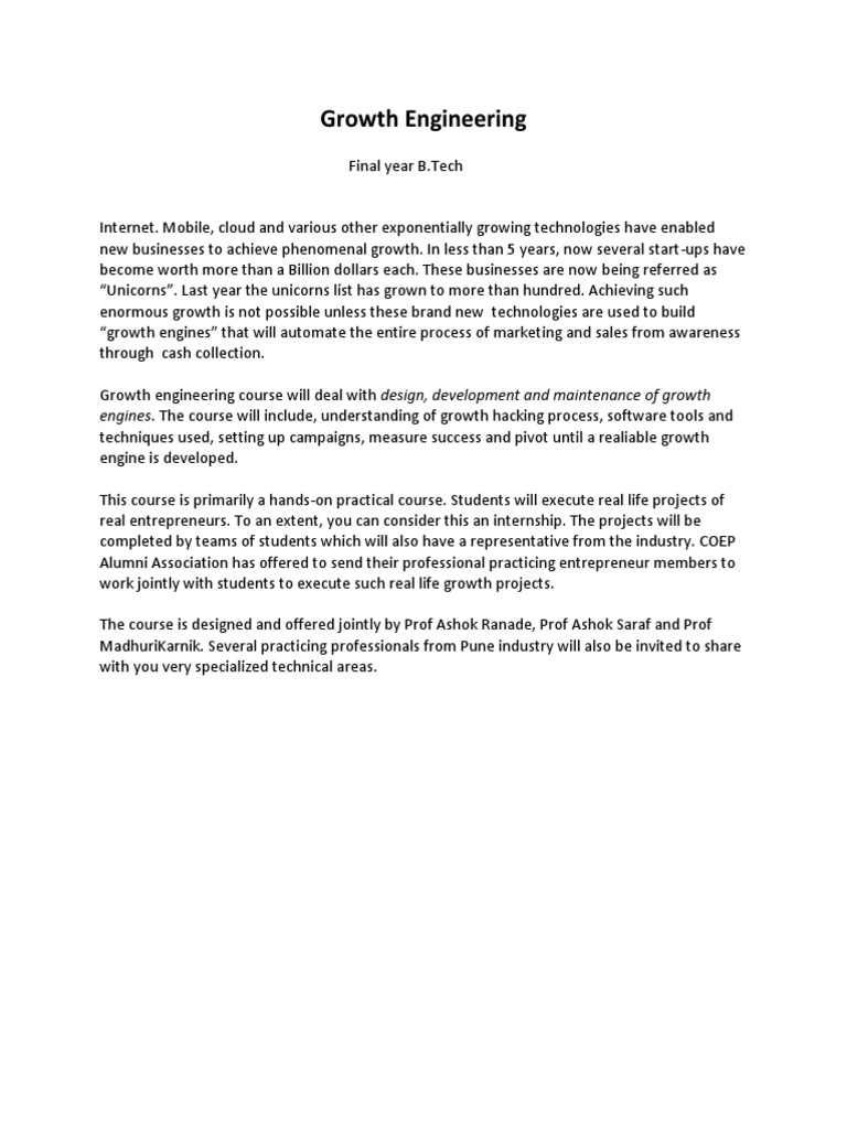 Growth Engineering: Engines. The Course Will Include, Understanding of ...