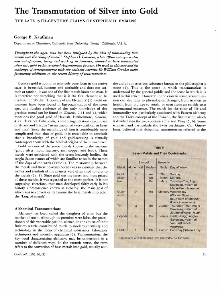 Claims of Transmuting Silver to Gold: An Analysis of Stephen H. Emmens ...