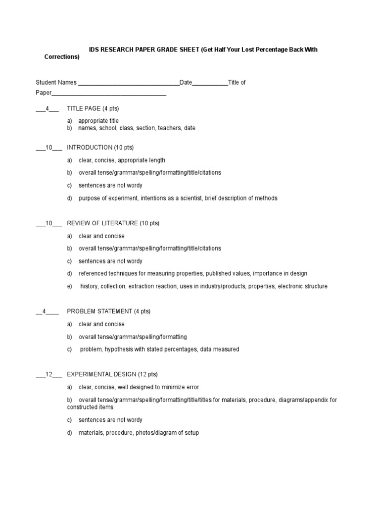 IDS RESEARCH PAPER GRADE SHEET (Get Half Your Lost Percentage Back With ...