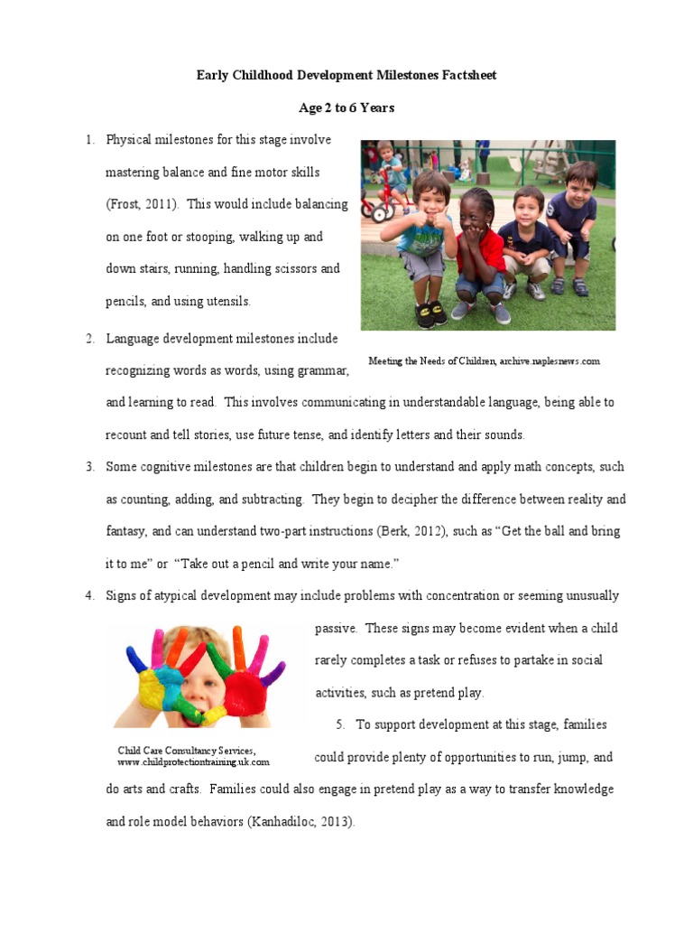 Early Childhood Development Milestones Factsheet Age 2 To 6 Years | PDF