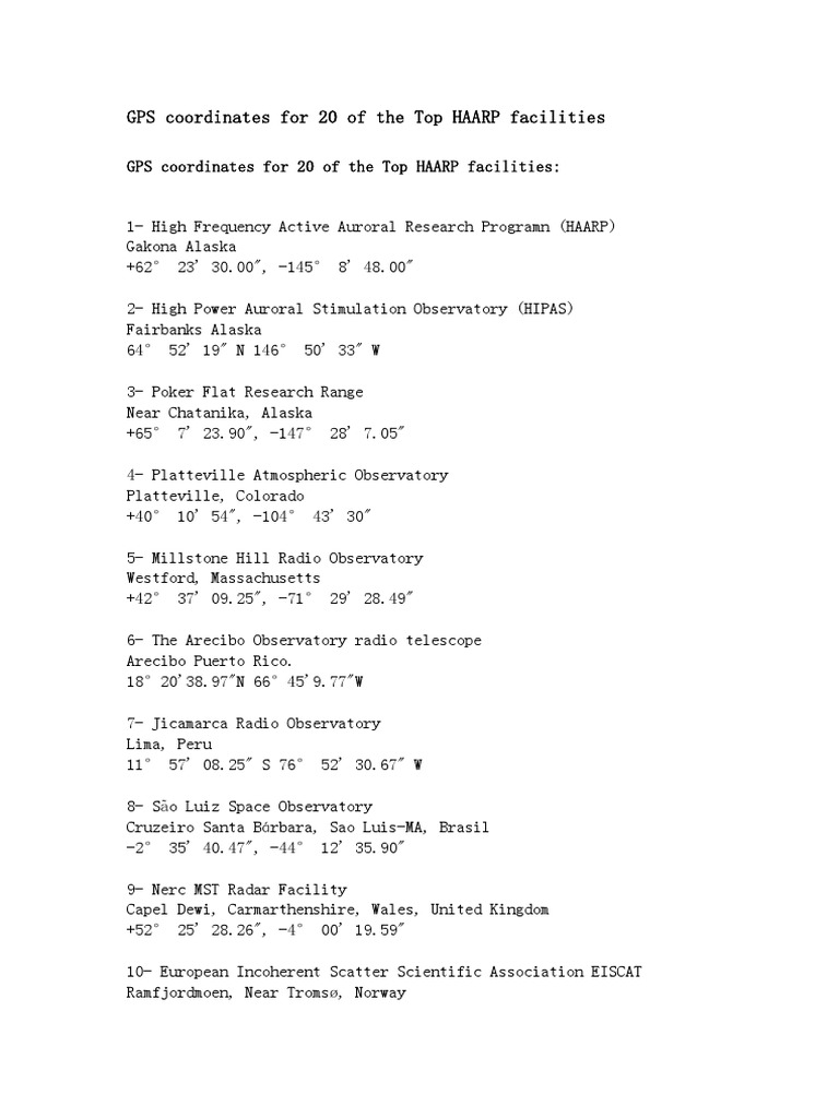 GPS Coordinates For 20 of The Top HAARP Facilities PDF | PDF