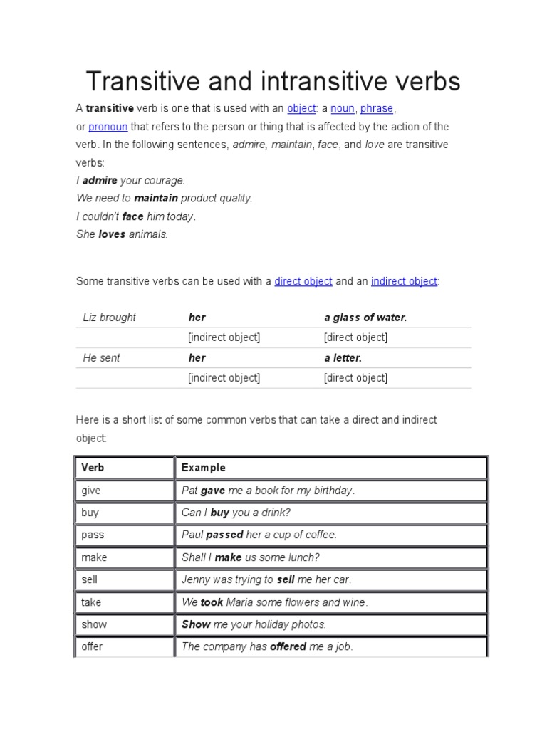 Transitive and Intransitive Verbs | PDF | Verb | Object (Grammar)