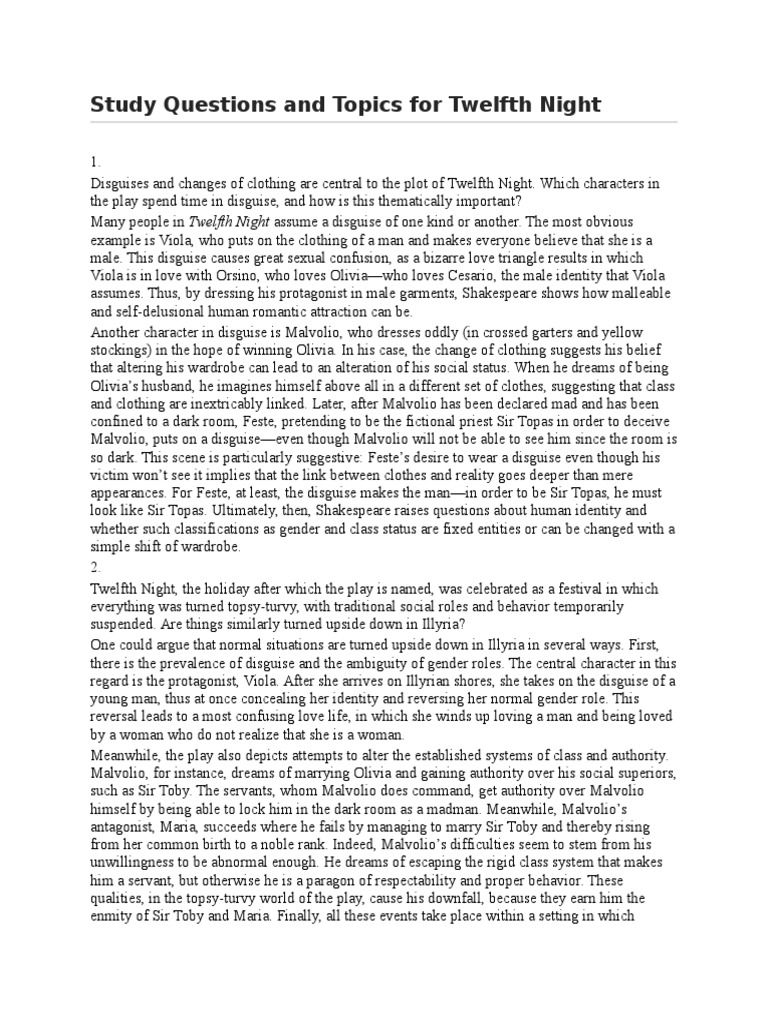 Study Questions and Topics For Twelfth Night | PDF | Twelfth Night