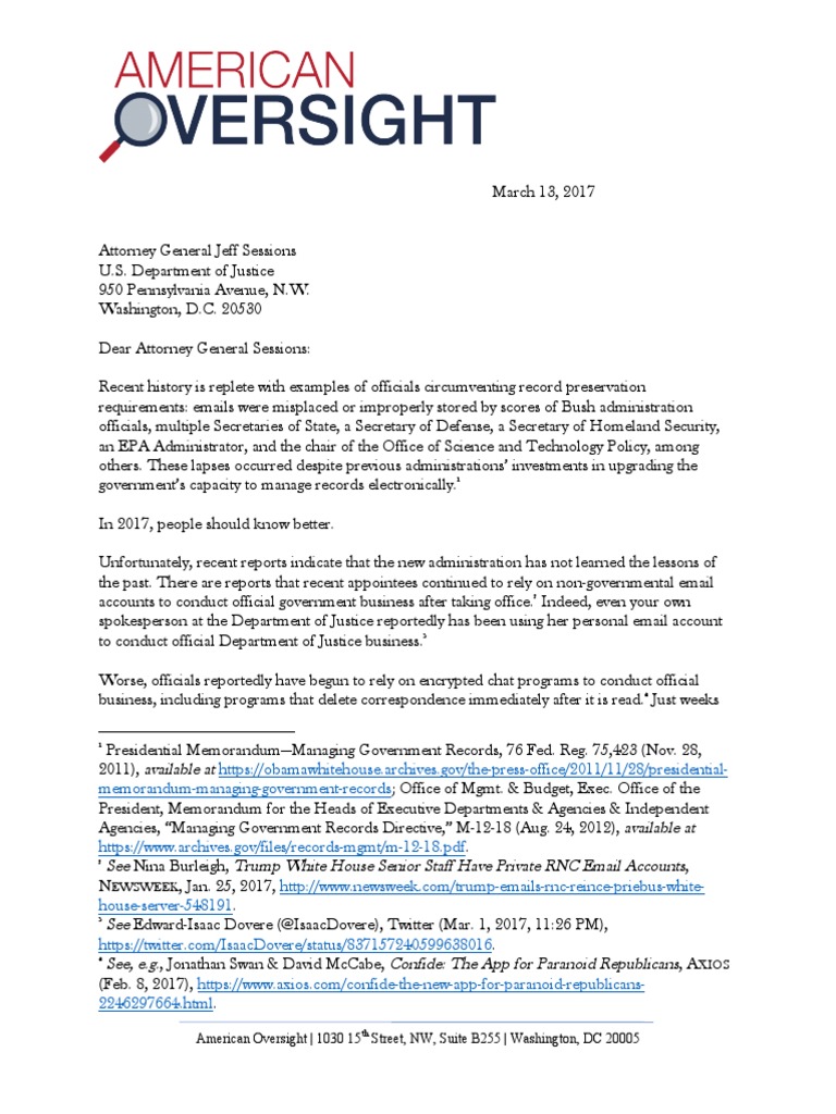March 13, 2017 - American Oversight Letter To Attorney General Sessions ...
