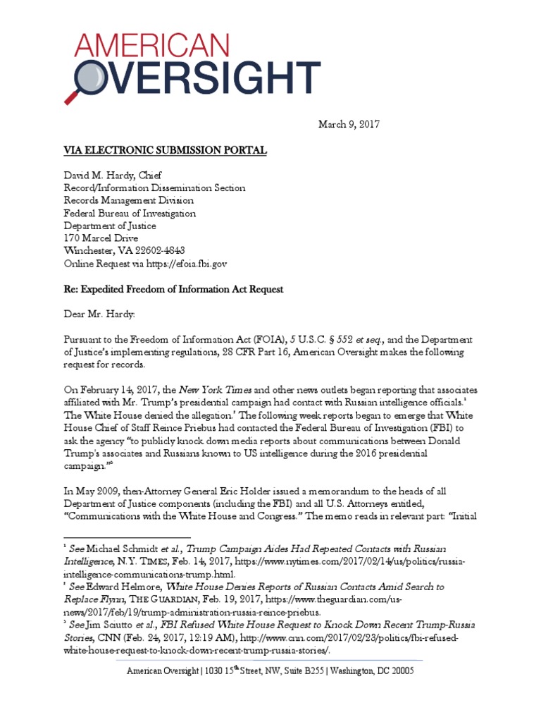 March 9, 2017 - American Oversight FOIA Request To FBI (DOJ-17-0006 ...