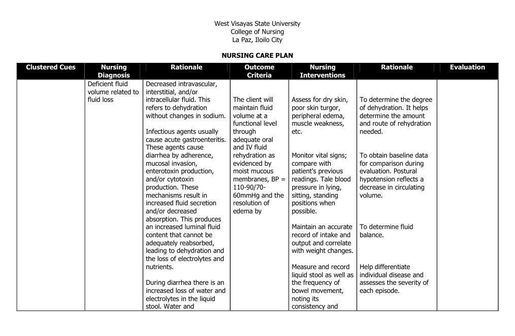Nursing Care Plan for Fluid Deficit | PDF | Dehydration | Diarrhea