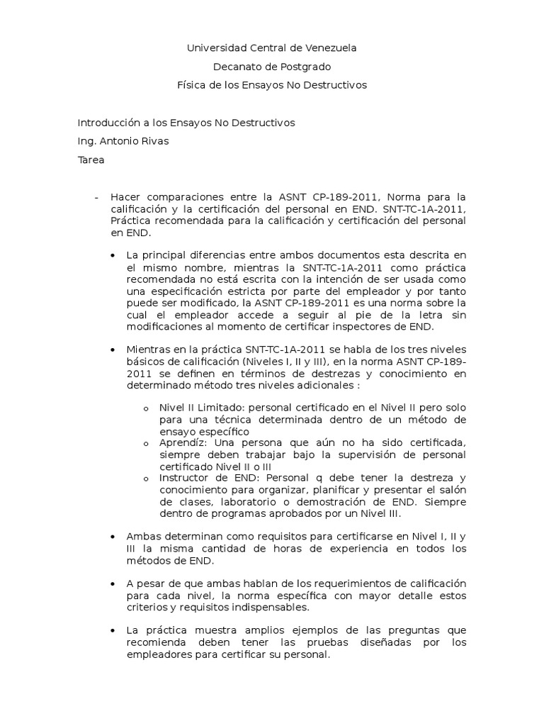 Diferencias Entre ASNT CP-189-2011 y TC | PDF