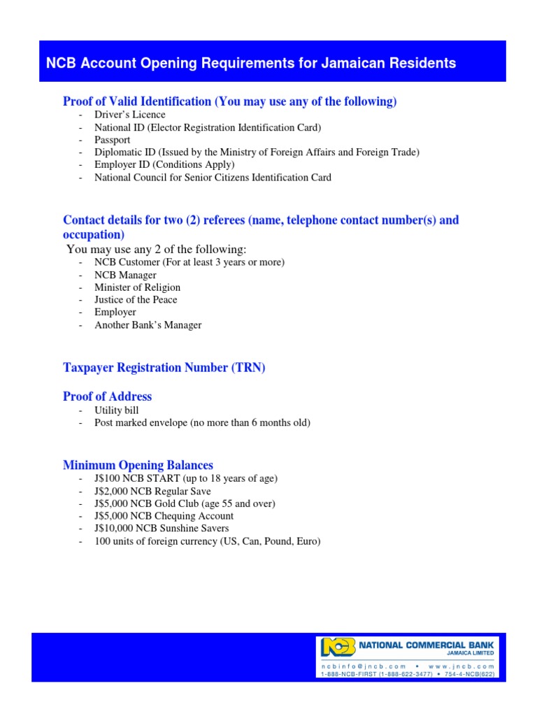 NCB Account Opening Requirements For Jamaican Residents | PDF