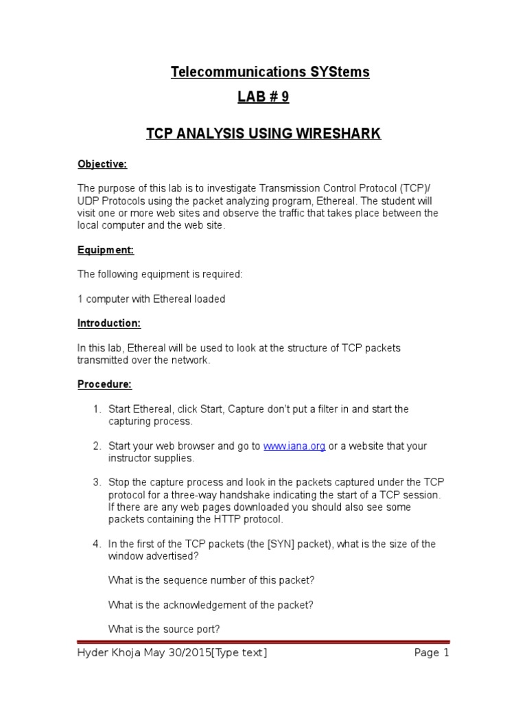 Telecommunications Systems Lab # 9 TCP Analysis Using Wireshark | PDF ...