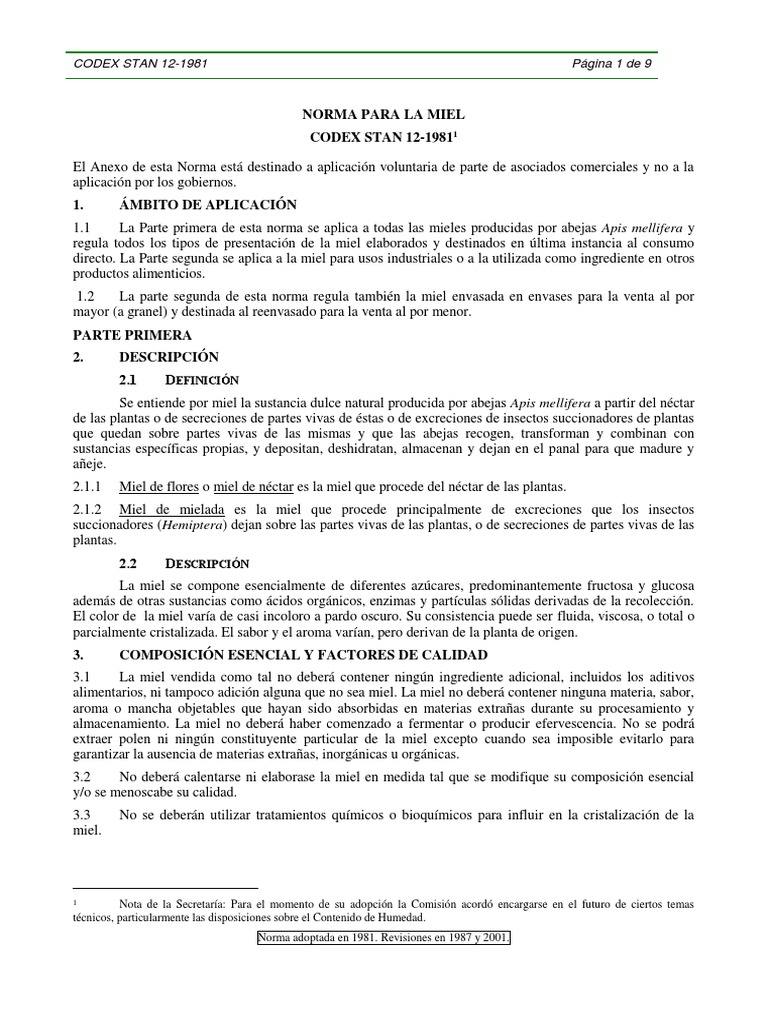 Norma Codex para la Miel 1981 | PDF
