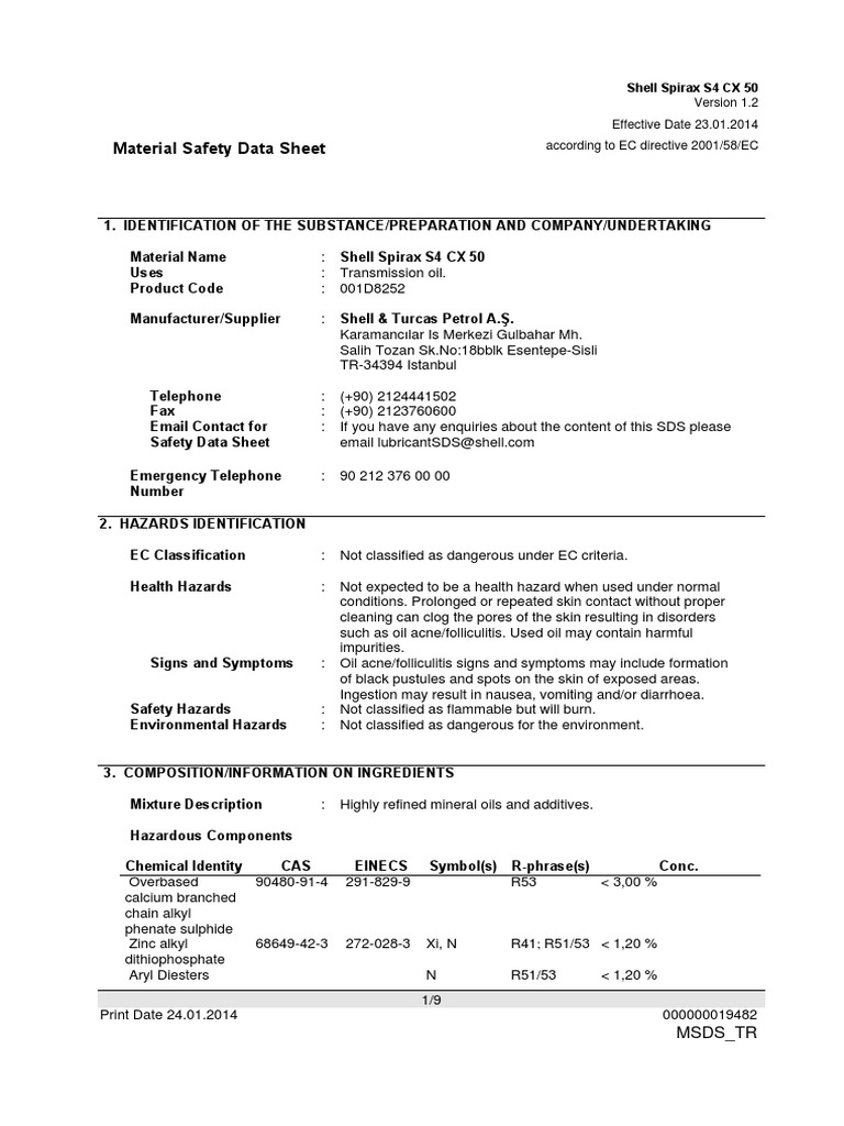 Msds en Shell Spirax s4 Cx 50 | Personal Protective Equipment | Toxicity