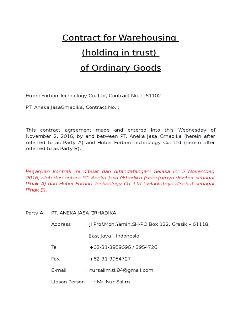 Contract For Warehousing - Hubei Forbon Technology - Rev. 01 | PDF