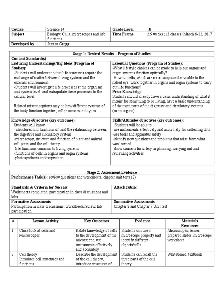 Science 14 Bio Unit Plan | PDF | Educational Assessment | Microscope