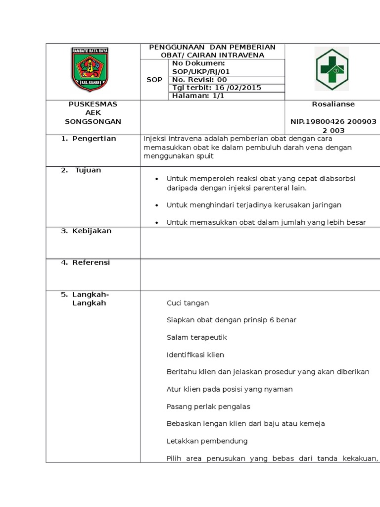 Sop Penggunaan Dan Pemberian Obat Atau Cairan Intravena | PDF