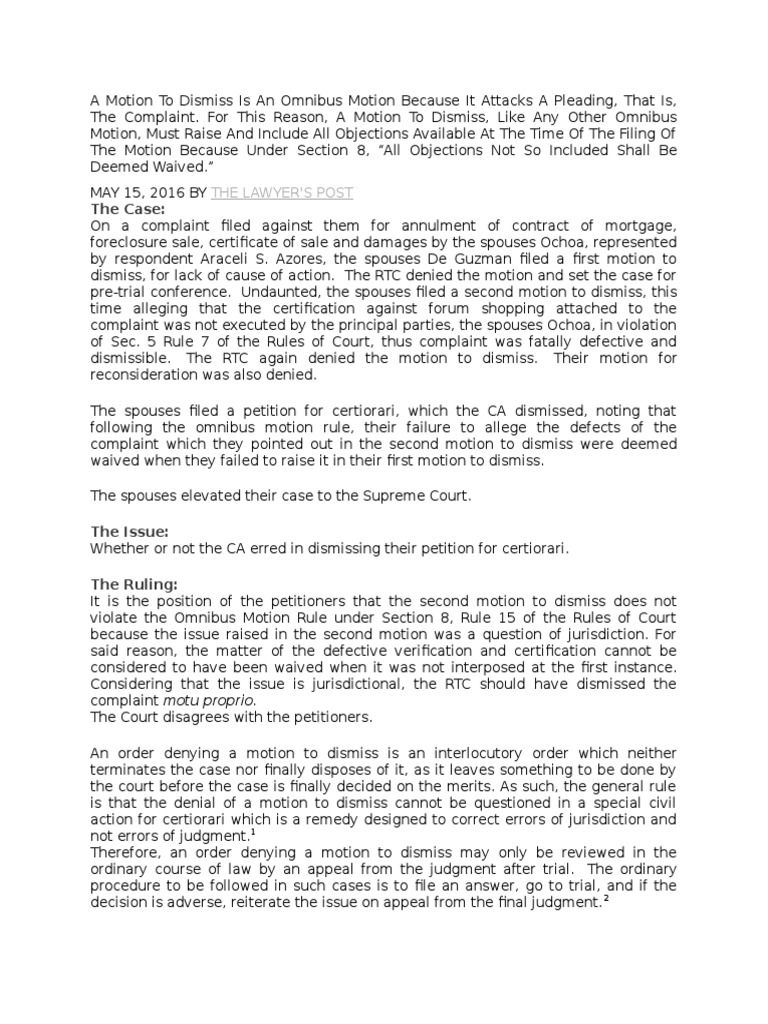 A Motion To Dismiss Is An Omnibus Motion Because It Attacks A Pleading ...