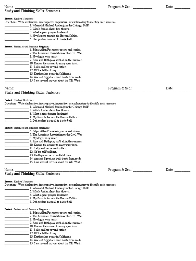 Study and Thinking Skills: Sentences: Pretest: Kinds of Sentences | PDF