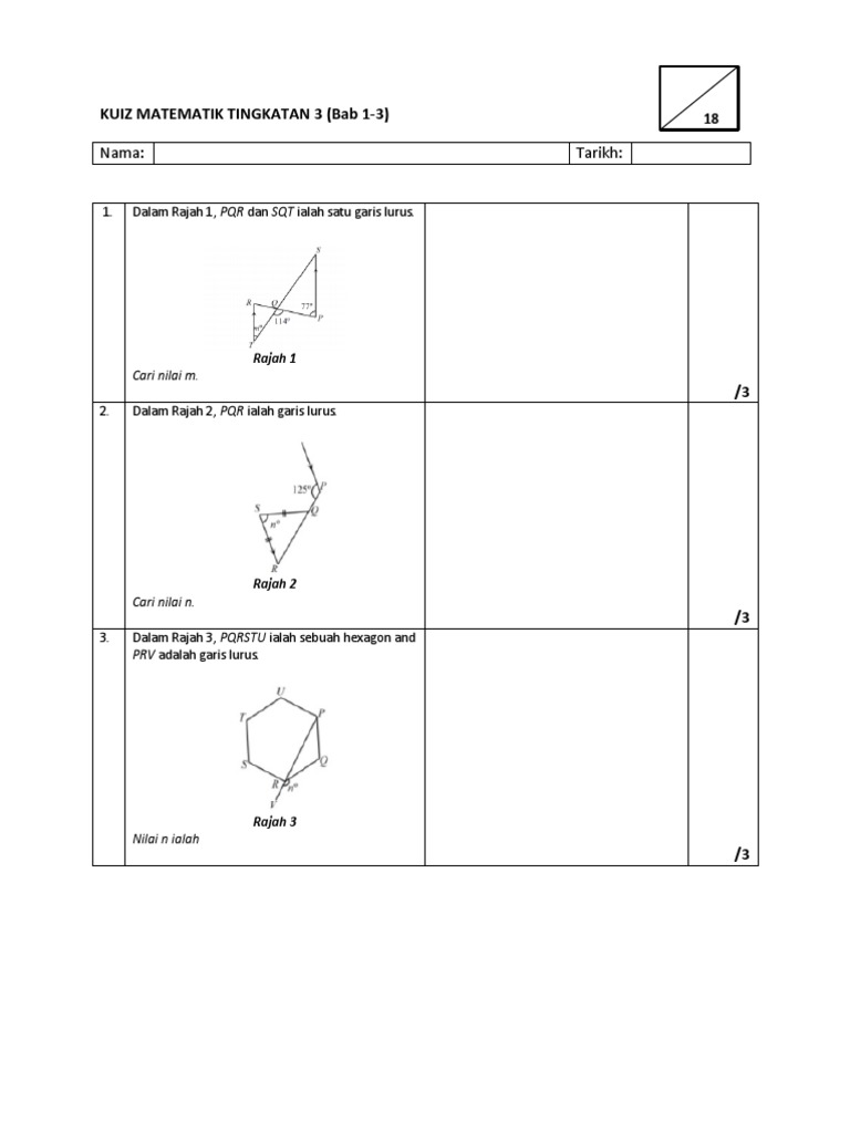 Kuiz Matematik Tingkatan 3 (Bab1-3) | PDF