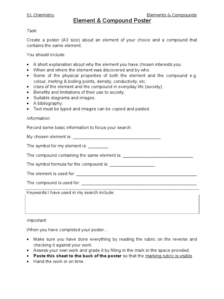 Element and Compound Poster Guide | PDF | Chemical Compounds | Rubric ...