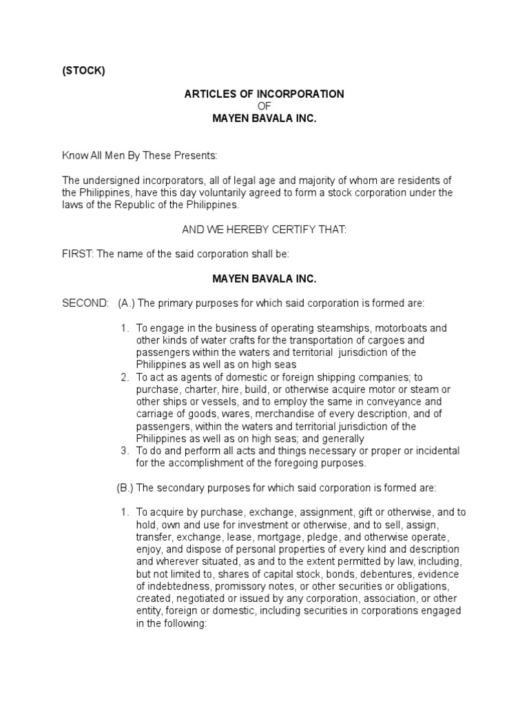Articles of Incorporation Sample PDF | PDF