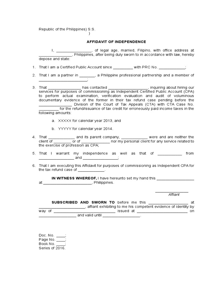 Affidavit of Independence Sample | PDF