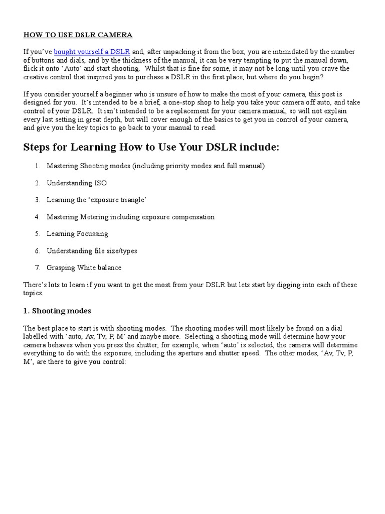 How To Use DSLR Camera | PDF | Aperture | Exposure (Photography)