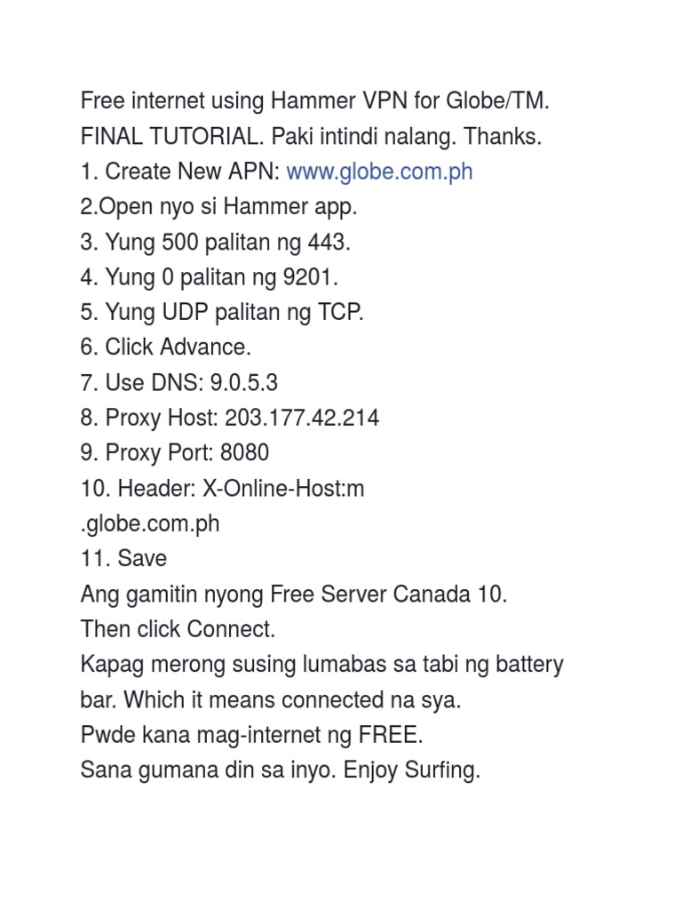 Free Internet Using Hammer VPN For Globe | Download Free PDF | Network ...