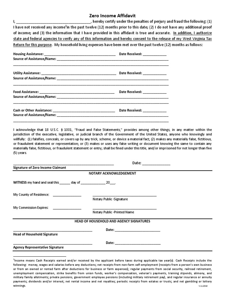 Zero Income Claimant Affidavit | PDF | Government | Payments
