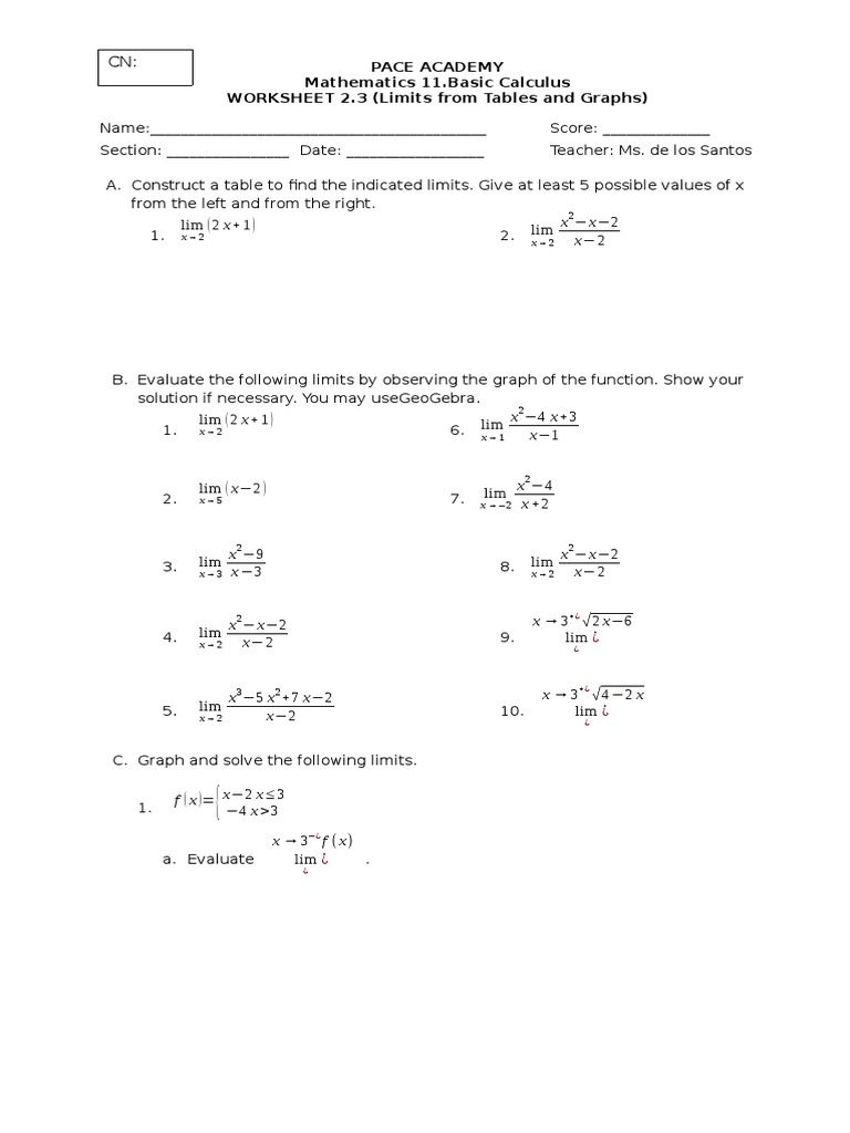 Lim 2 X+ 1: Pace Academy Mathematics 11.basic Calculus WORKSHEET 2.3 ...