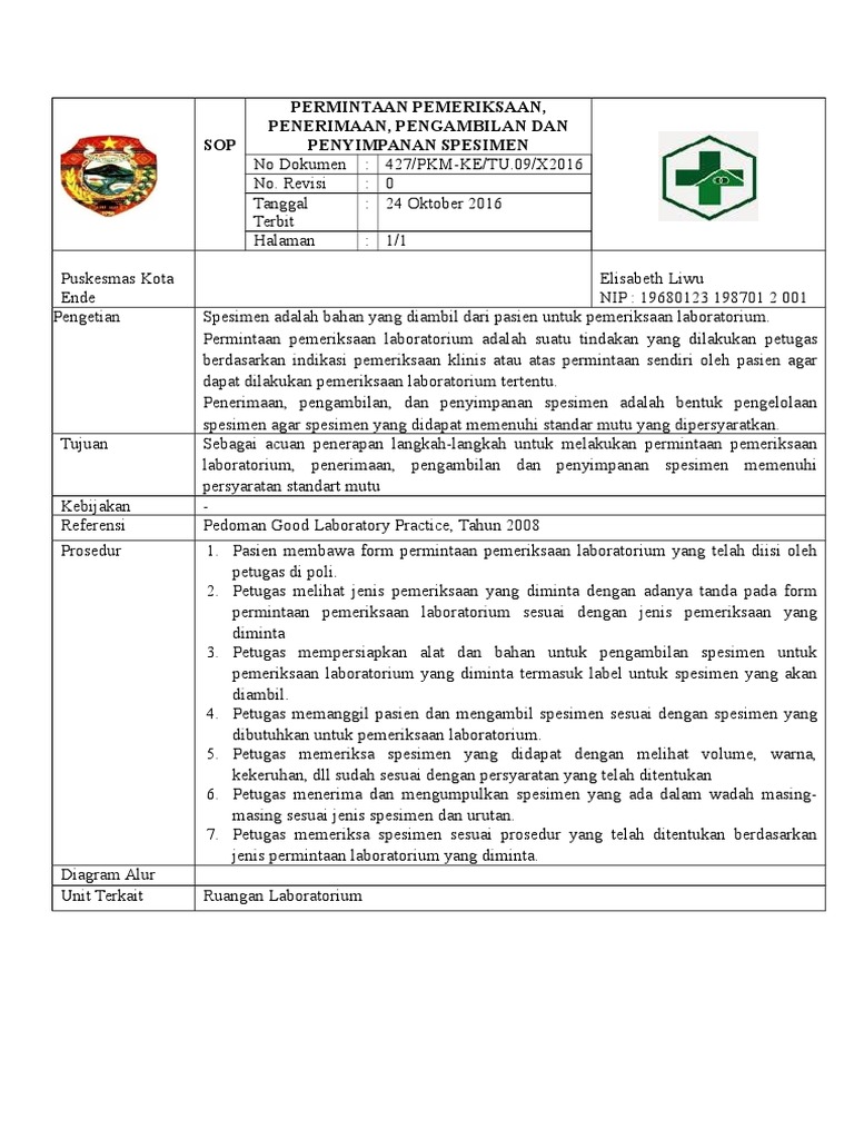 8.1.2 Ep 1 Sop Permintaan Pemeriksaan, Penerimaan, Pengambilan, Dan Penyimpanan Spesimen | PDF ...