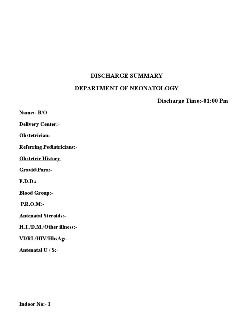 Discharge Summary Department of Neonatology Discharge Time:-01:00 PM | PDF